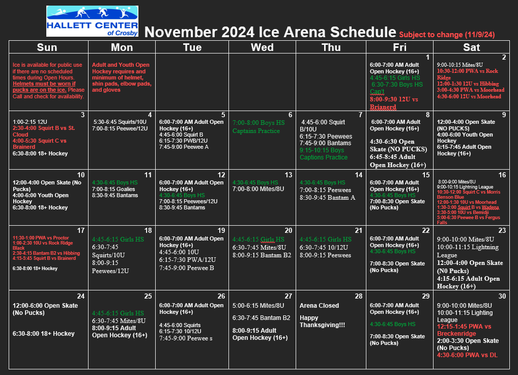 Schedule for Website - Hallett Center of Crosby